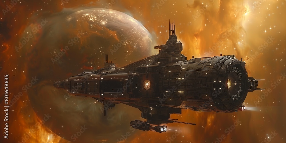 spaceship flying front planet star background enormous pirate ship ...