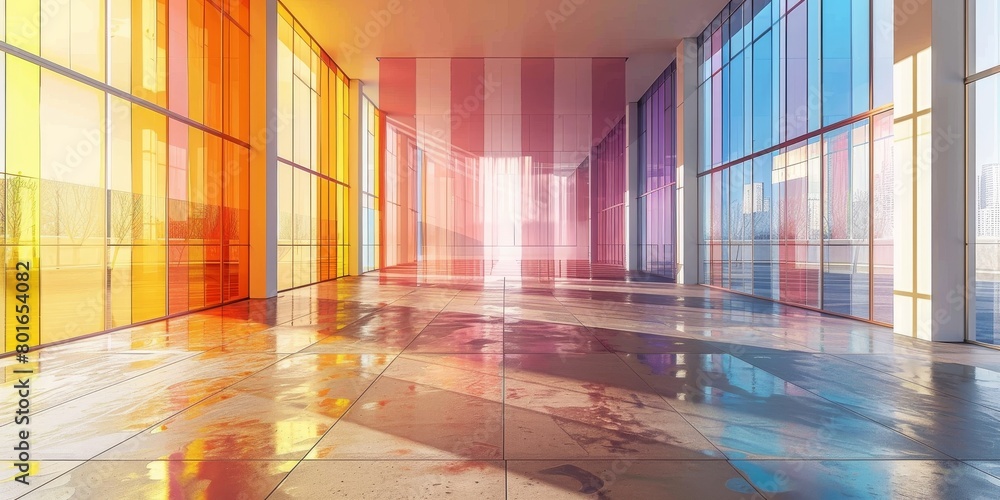 3D rendering, colorful gradient color blocks, transparent glass wall ...