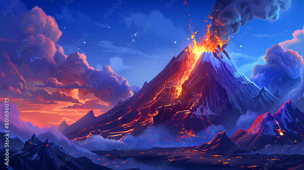 Volcanic Mountain In Eruption, natural disaster, cartoon style Stock ...