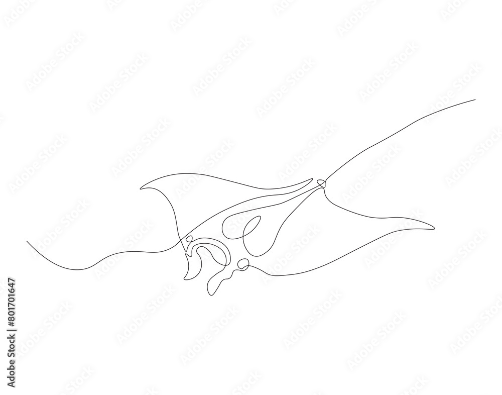 Continuous line drawing of manta ray. One line of stingray. Marine ...