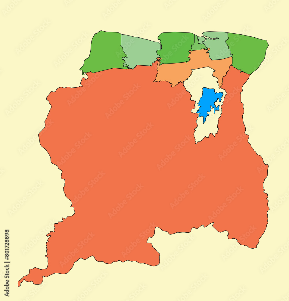 National map of Suriname with Complete borders and Regions (Districts ...