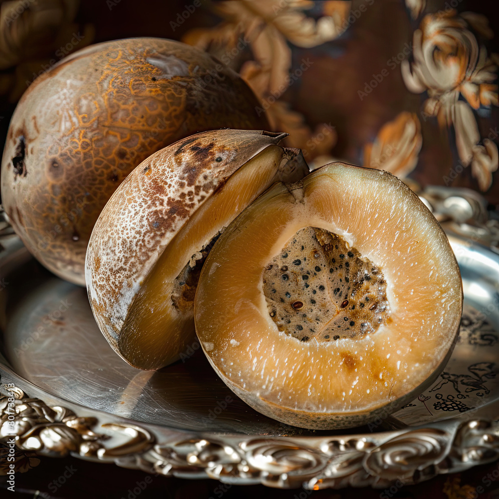 Lavish display of cut and whole sapote fruits on an ornate silver ...