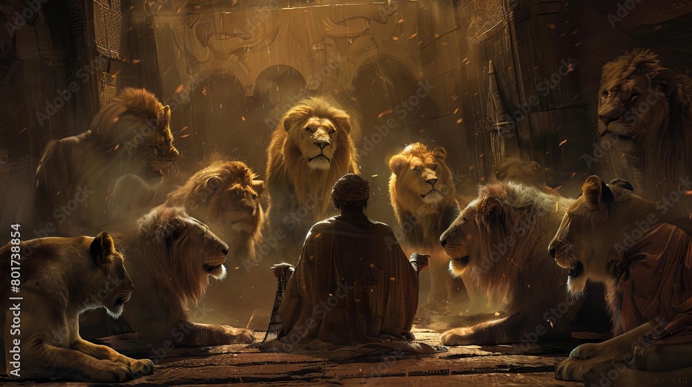 daniel in the lions den hungry lions surrounding faithful prophet ...