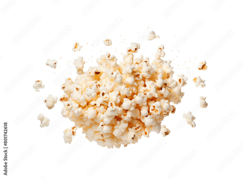 Freshly popped popcorn kernels scattered in mid-air, isolated on a ...