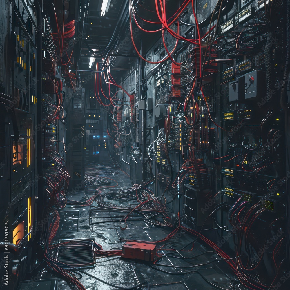 computer cryengine center with many wires and cables, dark ominous ...