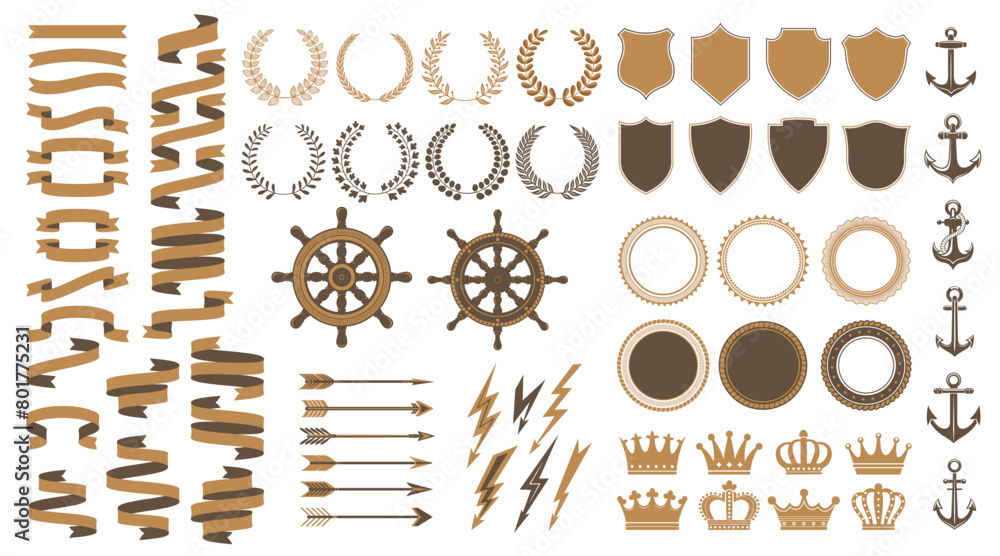 Vintage Medieval heraldic elements and royal marine heraldry, vector ...