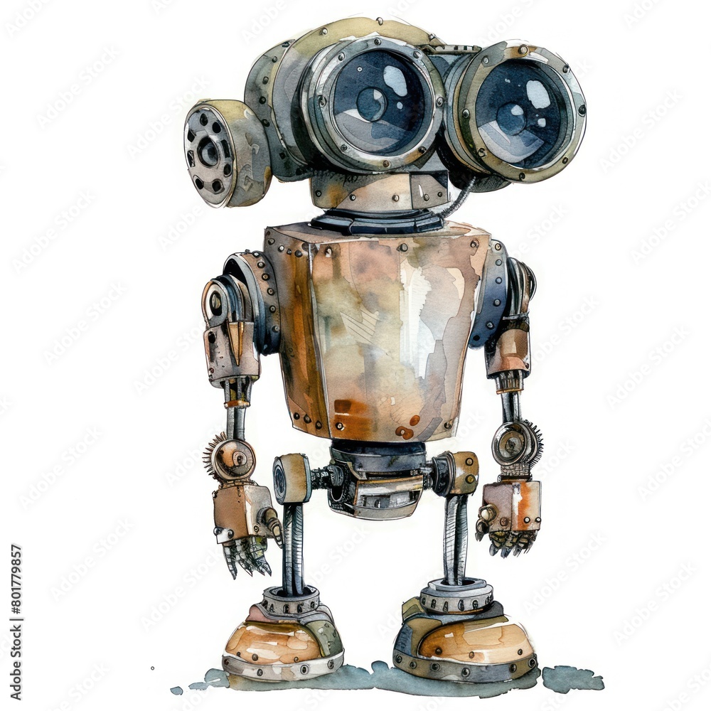 Curious watercolor clipart of a robot with telescopic eyes and gears ...