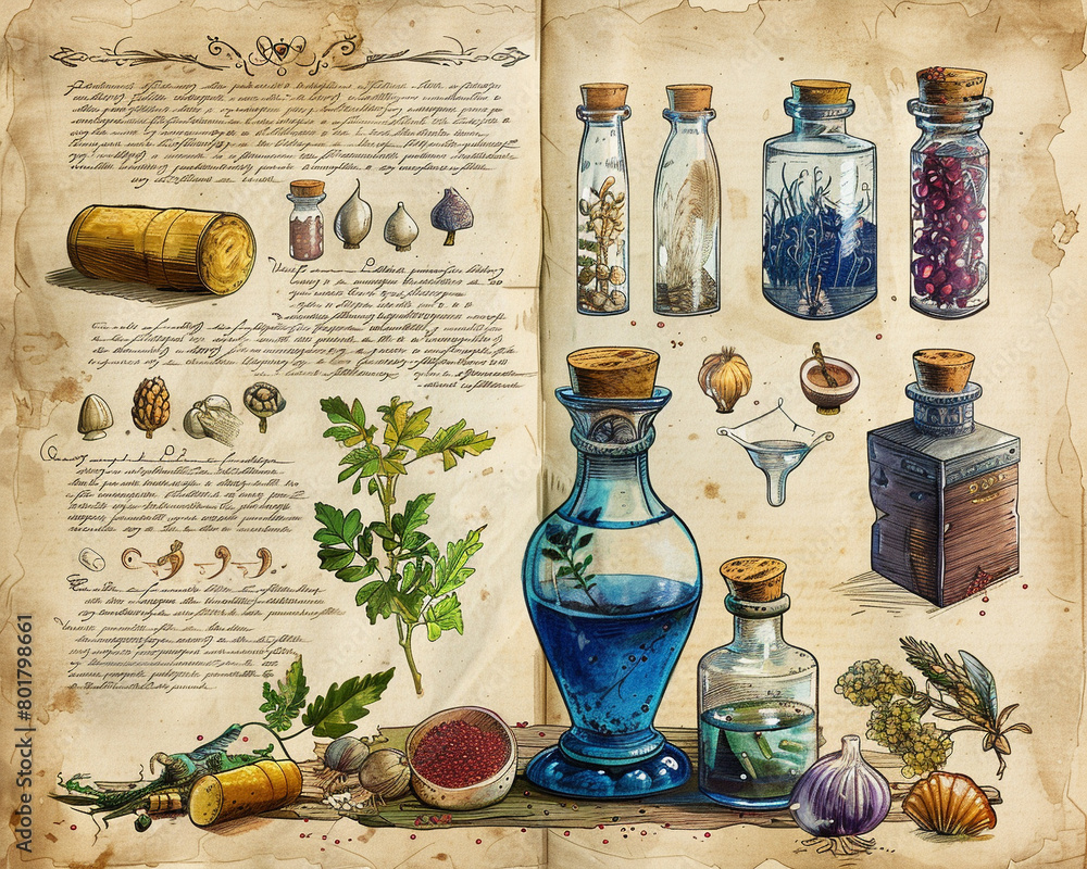 Design a potion recipe page for a spell book with detailed ingredient ...