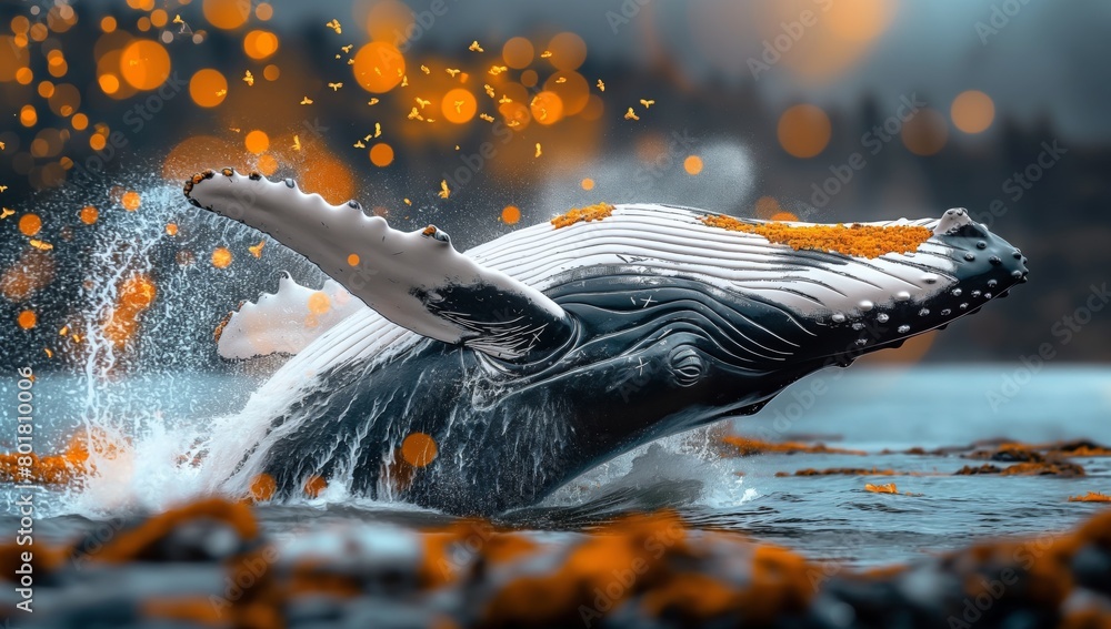 humpback whale breaching in vibrant ocean scene with water splashes ...
