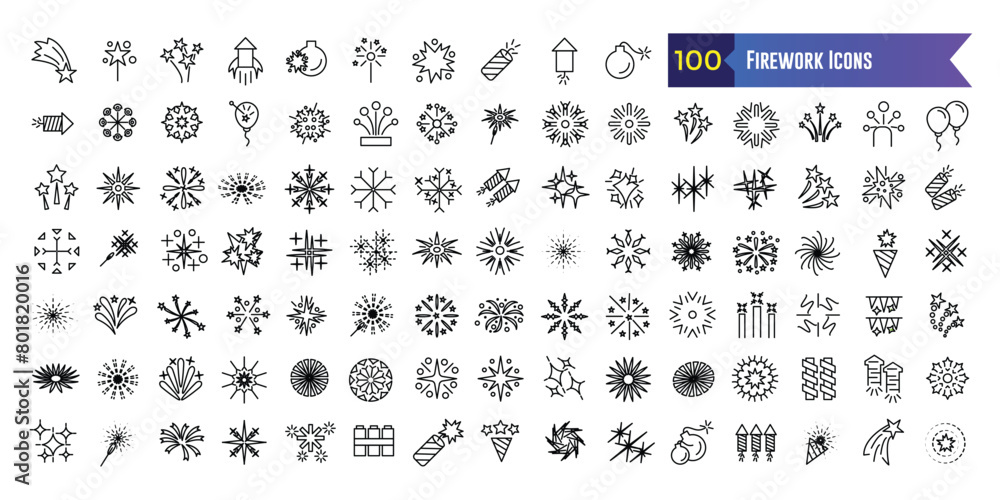 Firework icons set. Outline set of firework vector icons for ui design ...