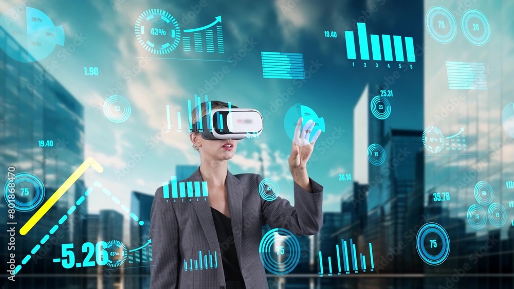 Woman searching dynamic data using hand sliding graph analysis by VR of ...