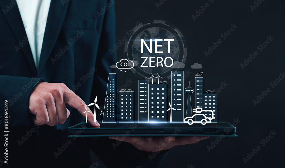 Net zero and carbon neutral city with ev cars, wind turbines, solar ...