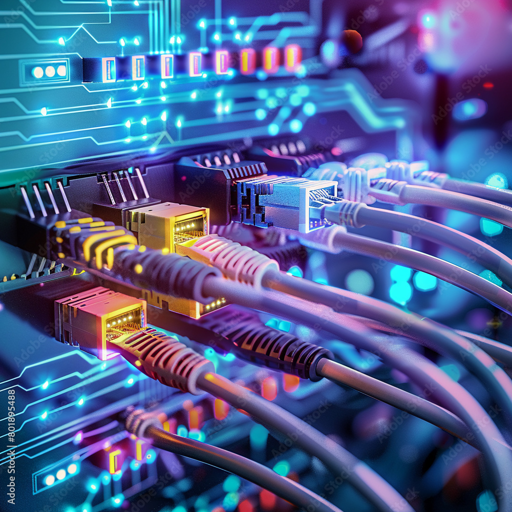 Realistic image of Ethernet and fiber optic cables connected through a ...