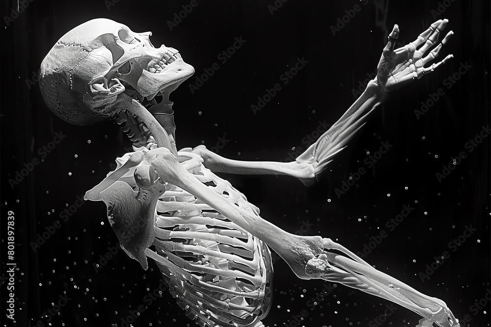 Human skeleton in a dance pose, white bones, black background, side ...