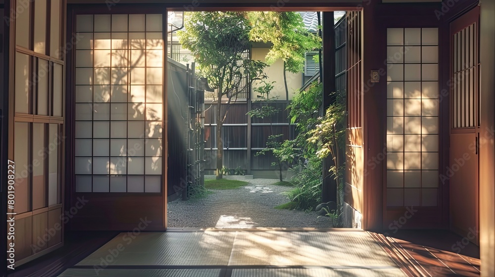 Traditional Japanese machiya townhouse with sliding shoji doors, tatami ...
