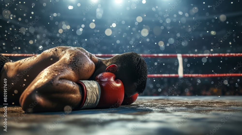 Boxer lying on the canvas in defeat, with a close-up on his face ...