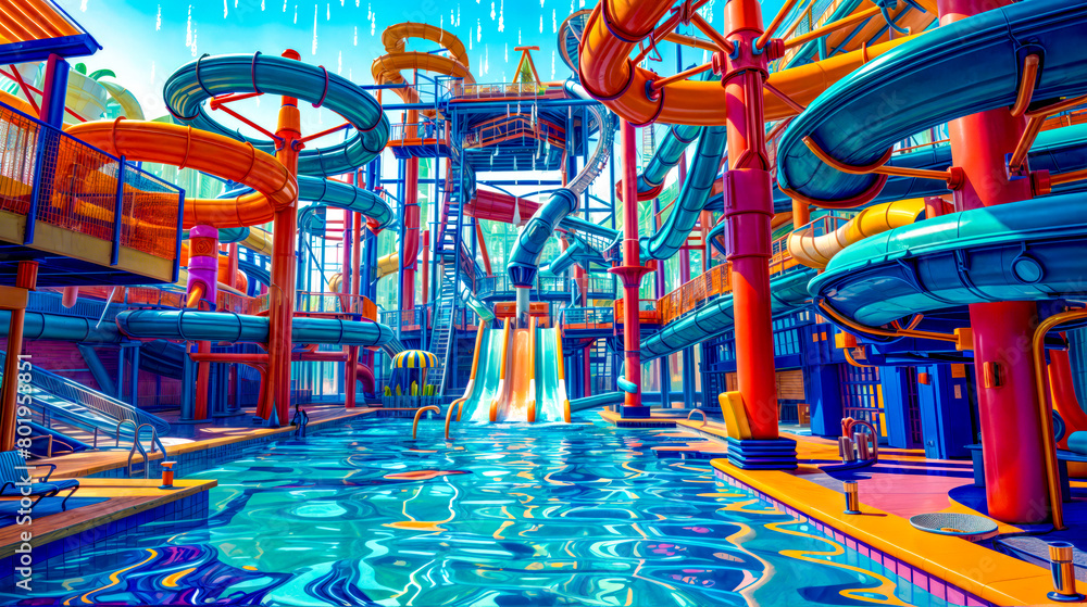 Painting of water park with water slide and splash pool. Generative AI ...