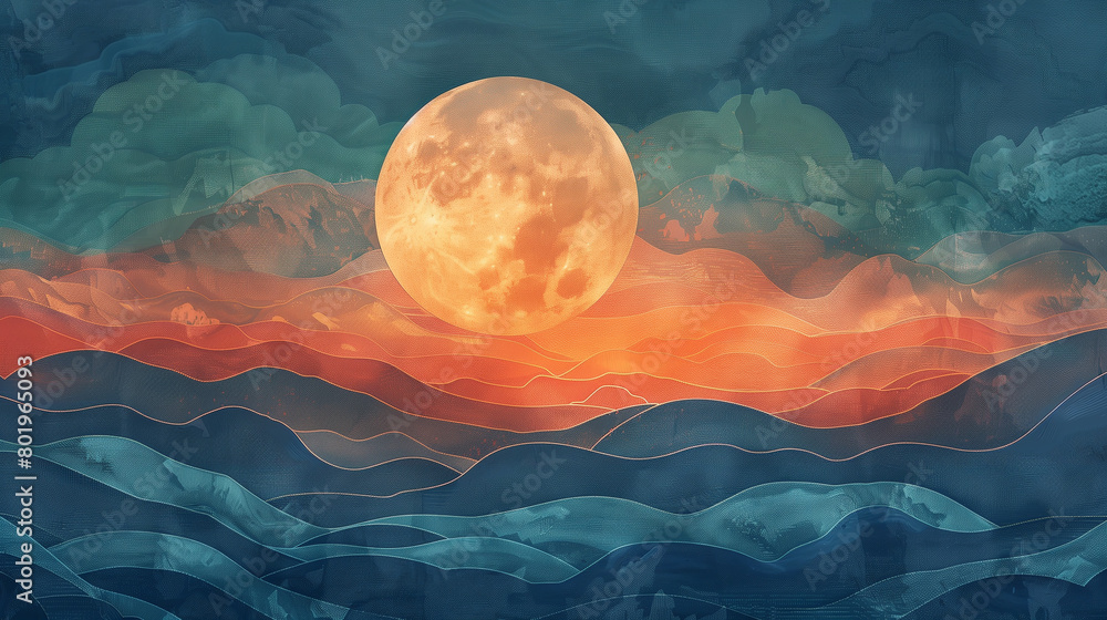 landscape under full moon, rolling hills in layers of deep blues and oranges, a blend of night ...