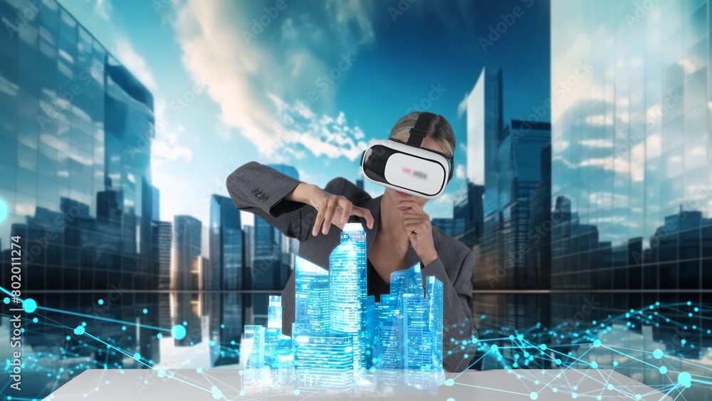 Civil engineer analyzing with rotating tower skyscraper hologram ...