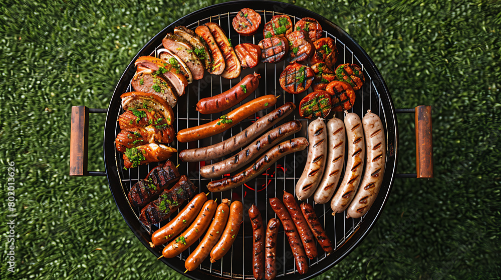 Barbecue grill with different types of meat and sausage on the green ...
