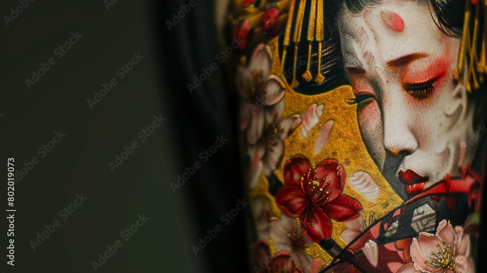 Aesthetic irezumi tattoo of a serene geisha surrounded by falling ...