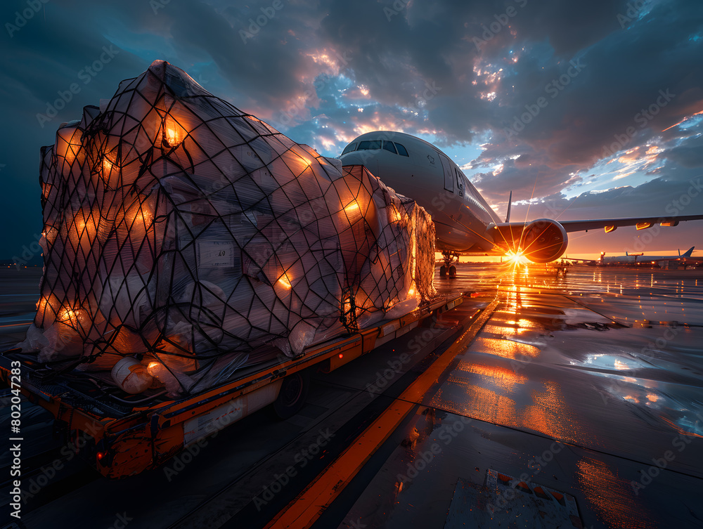 Airplane on tarmac at sunset with cargo containers. Vibrant sunset sky ...
