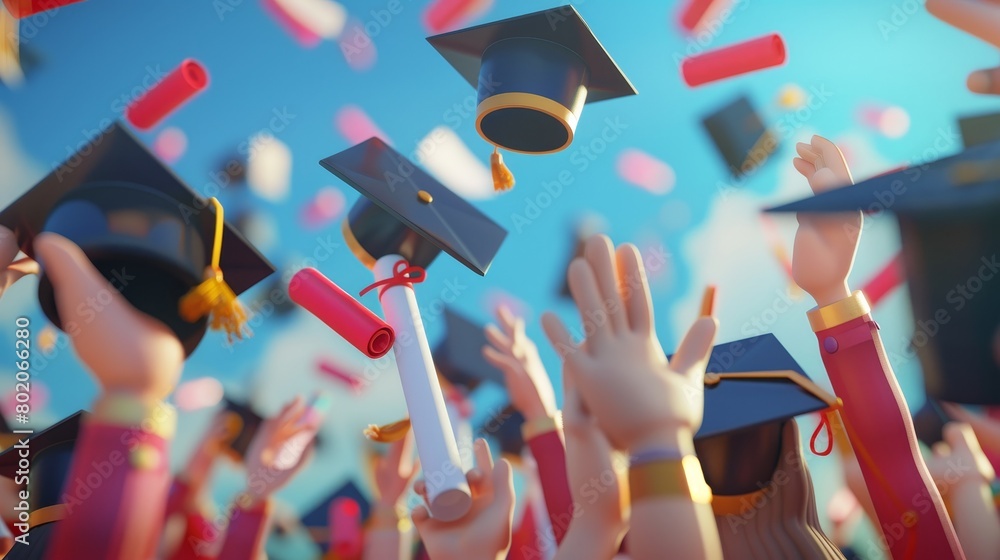 Stock-Illustration „Graduates toss graduation caps and diploma scrolls ...