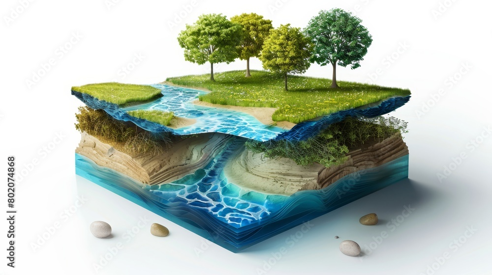 3d cross section model of land and river with soil, rock layers, and ...