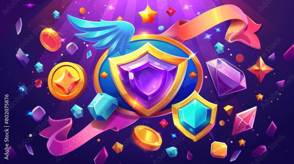 Stock-Illustration „Game badge with shield with wings and ribbons for ...