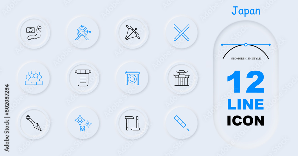 Japan set icon. Flag, country, island, map, bow, temple, Japanese ...