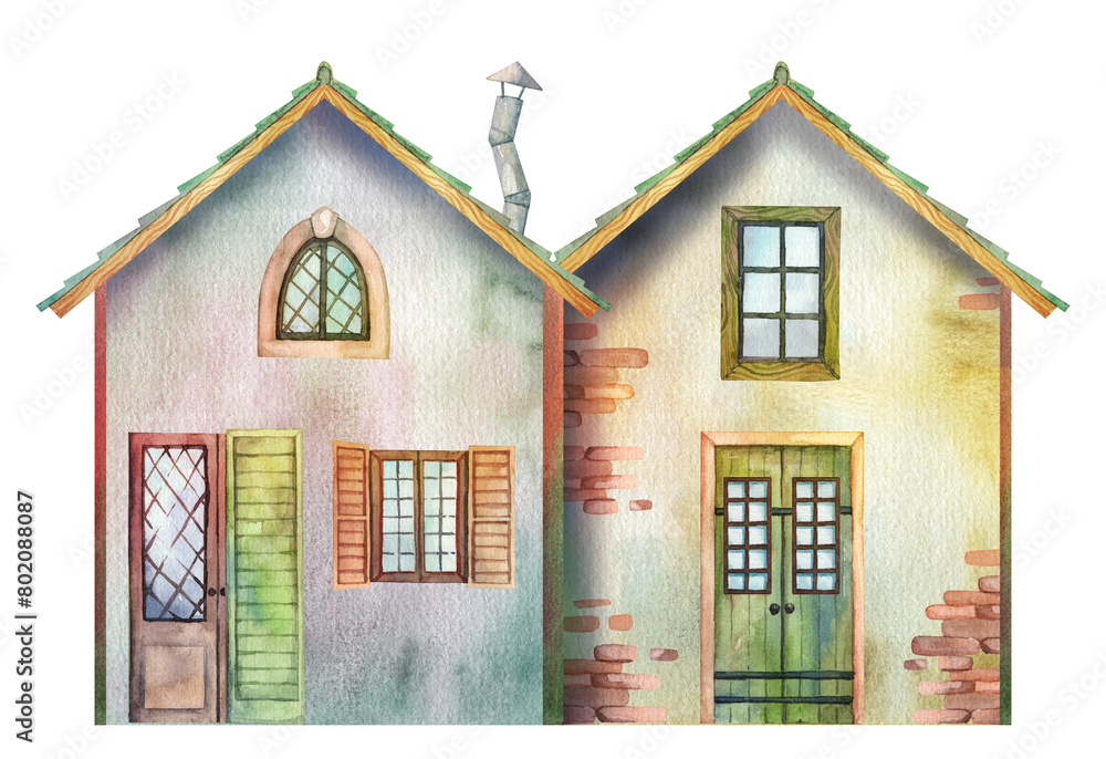 Two cute rural houses front view watercolor drawing. Hand painted tiny ...