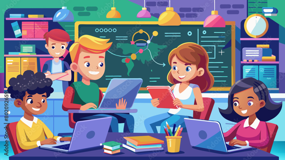 Engaging High School Classroom with Happy Teen Students and Technology ...