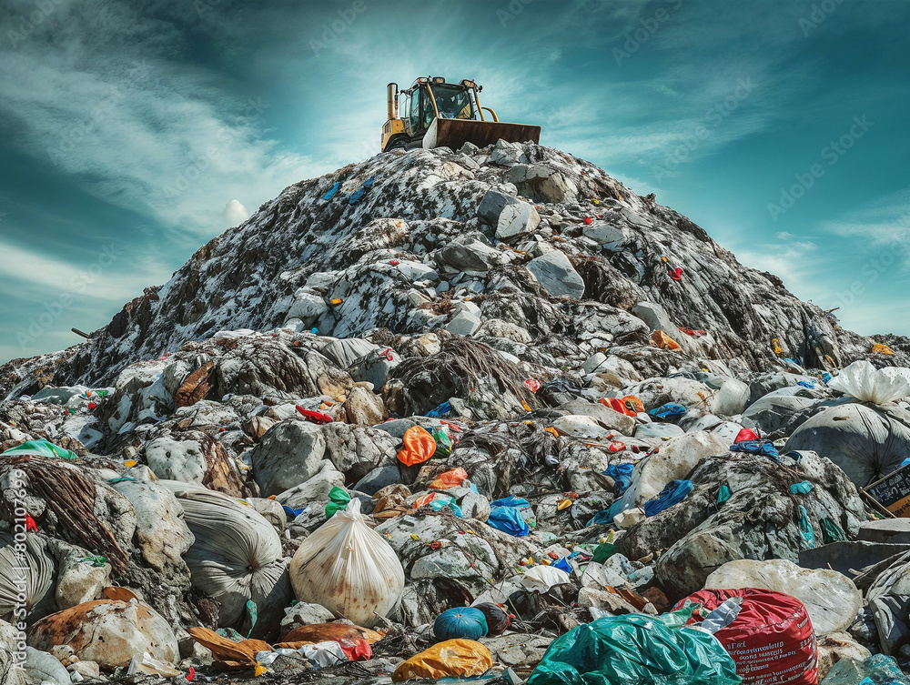 Yellow bulldozer managing a massive landfill site with scattered waste ...