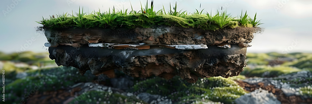 Round cross section of soil ground with green grass and earth ground ...