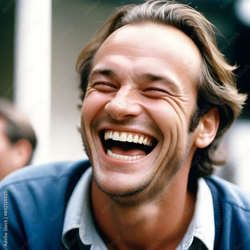 Very happy man laughing with his mouth open in a street setting. Stock ...