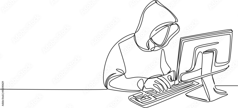 continuous single line drawing of computer hacker stereotype, line art ...