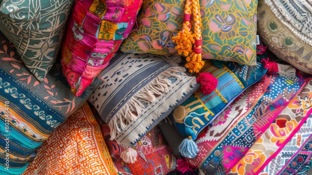 This image features a vibrant collection of various textile pillows ...