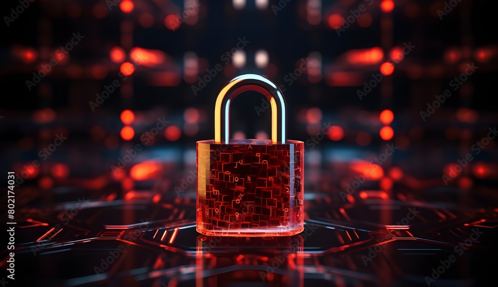 Digital red padlock icon on dark background with binary code and data flow cabinet, cyber ...