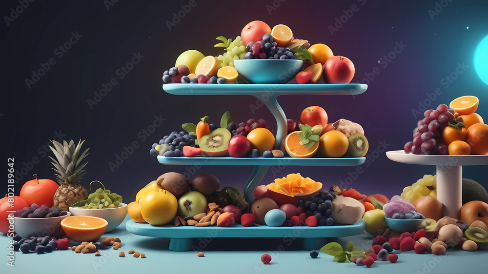 Balance avec des aliments santé sur fond coloré et lumineux. Beaucoup d ...