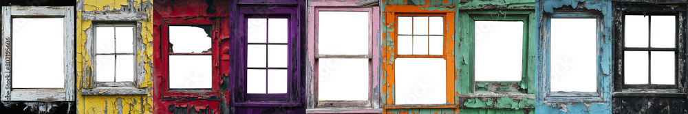 Set of old grunge abandoned windows with transparent background ...