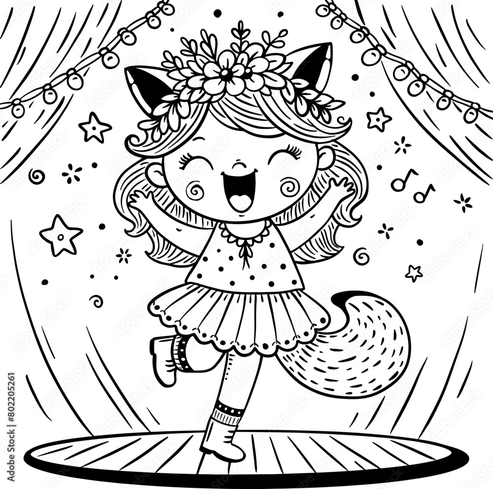 Cartoon little kid girl actor in a fox costume acting at the stage in a ...