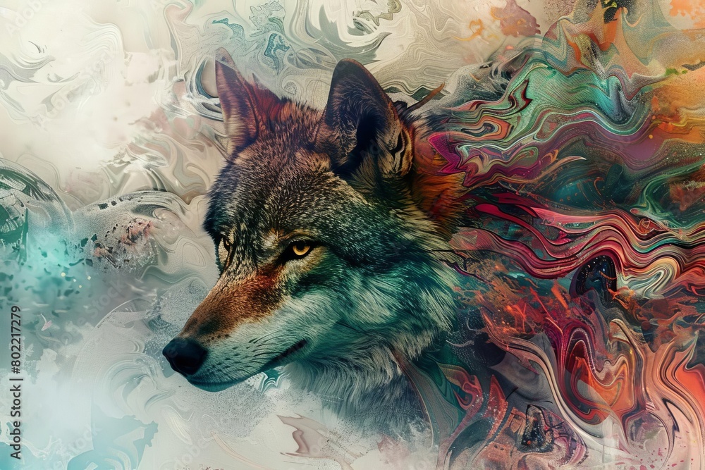 Craft a surreal interpretation of a tilted angle wolf, infusing ...