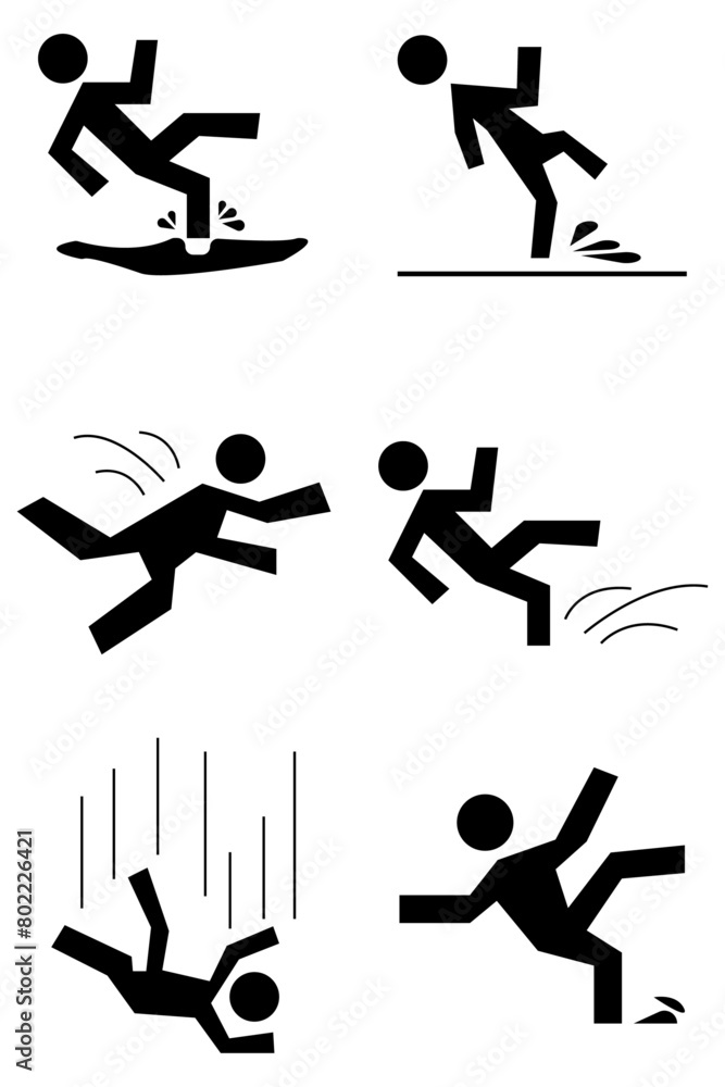 Workplace safety. Set of Caution symbols with figure man falling. Wet ...