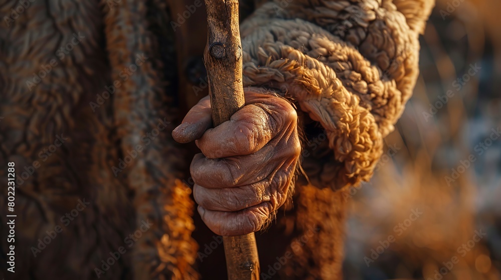 Elderly hands holding a walking stick, strength in age, close up ...