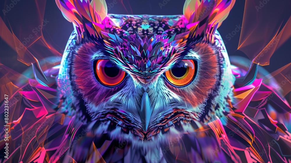 Design a digitally rendered owl in a futuristic, neon color palette ...