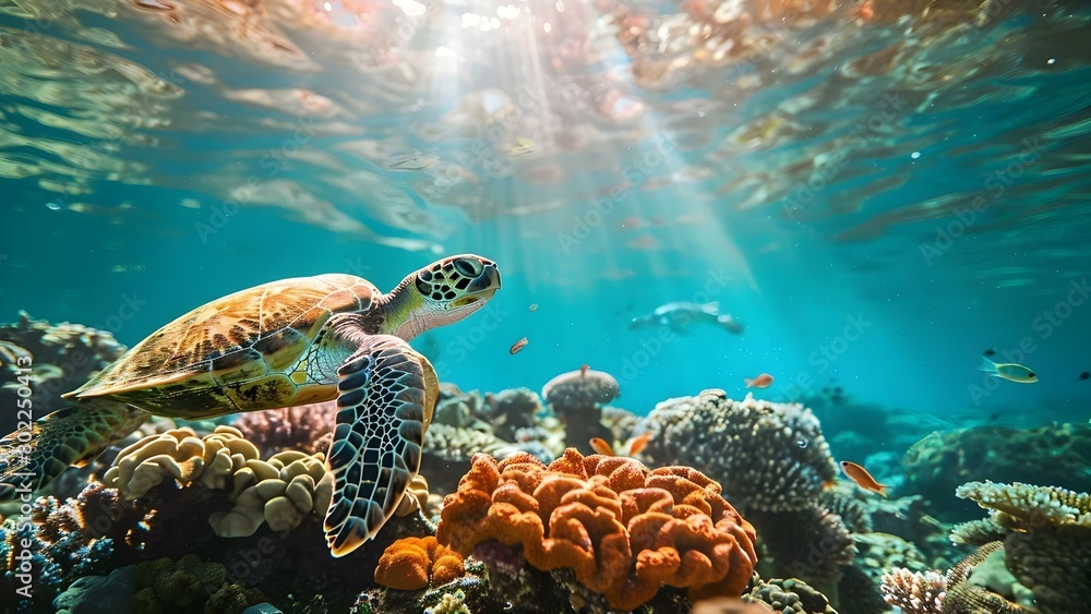 Sea turtle elegantly glides through colorful coral reef with sunlight ...