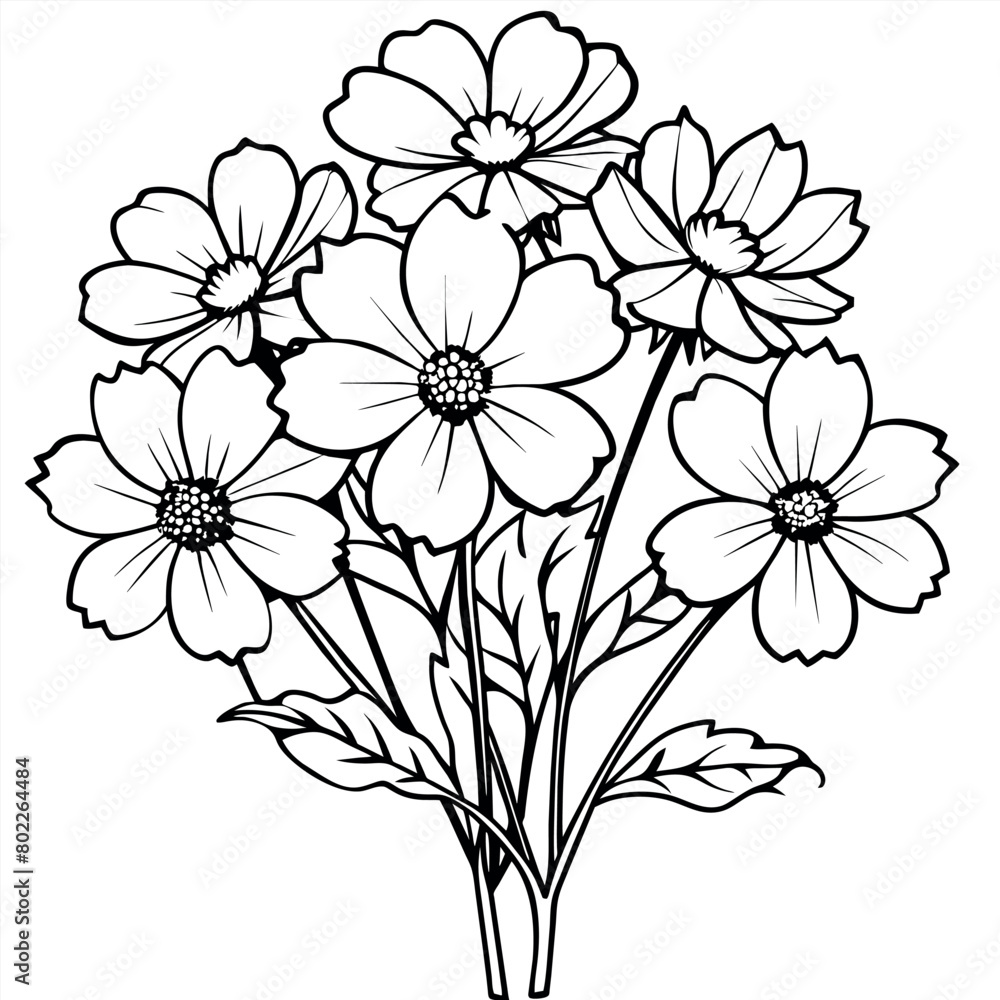 Cosmos Flower Bouquet outline illustration coloring book page design ...