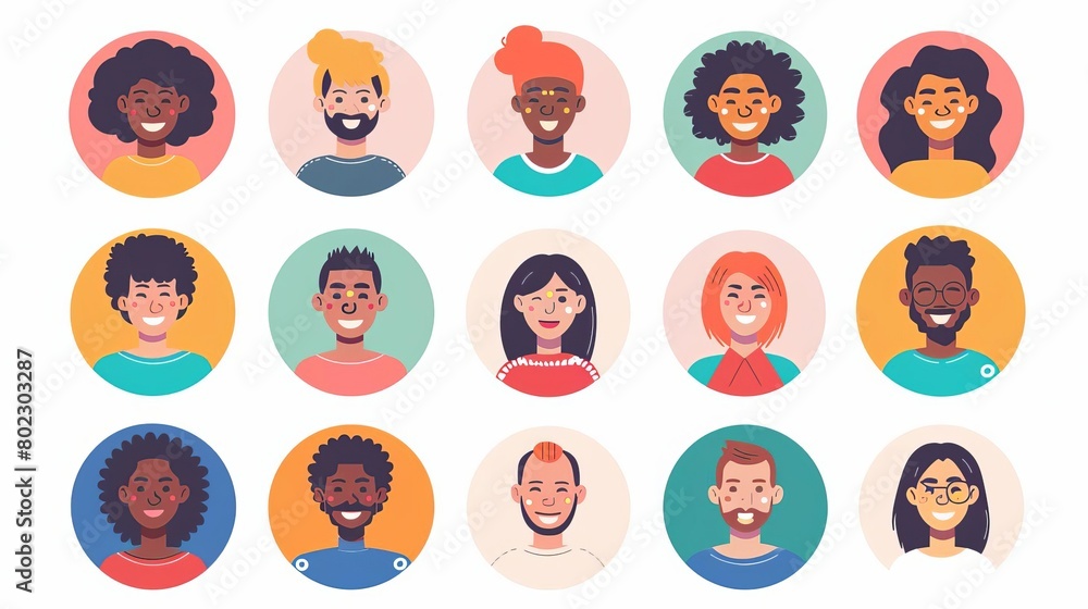 Circle avatars with young peoples faces Portraits of diverse men and ...