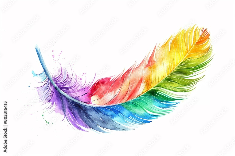 Clipart watercolor illustration of a rainbow-colored feather with ...