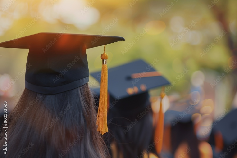 close up of blurred college students wearing black caps and tassels ...